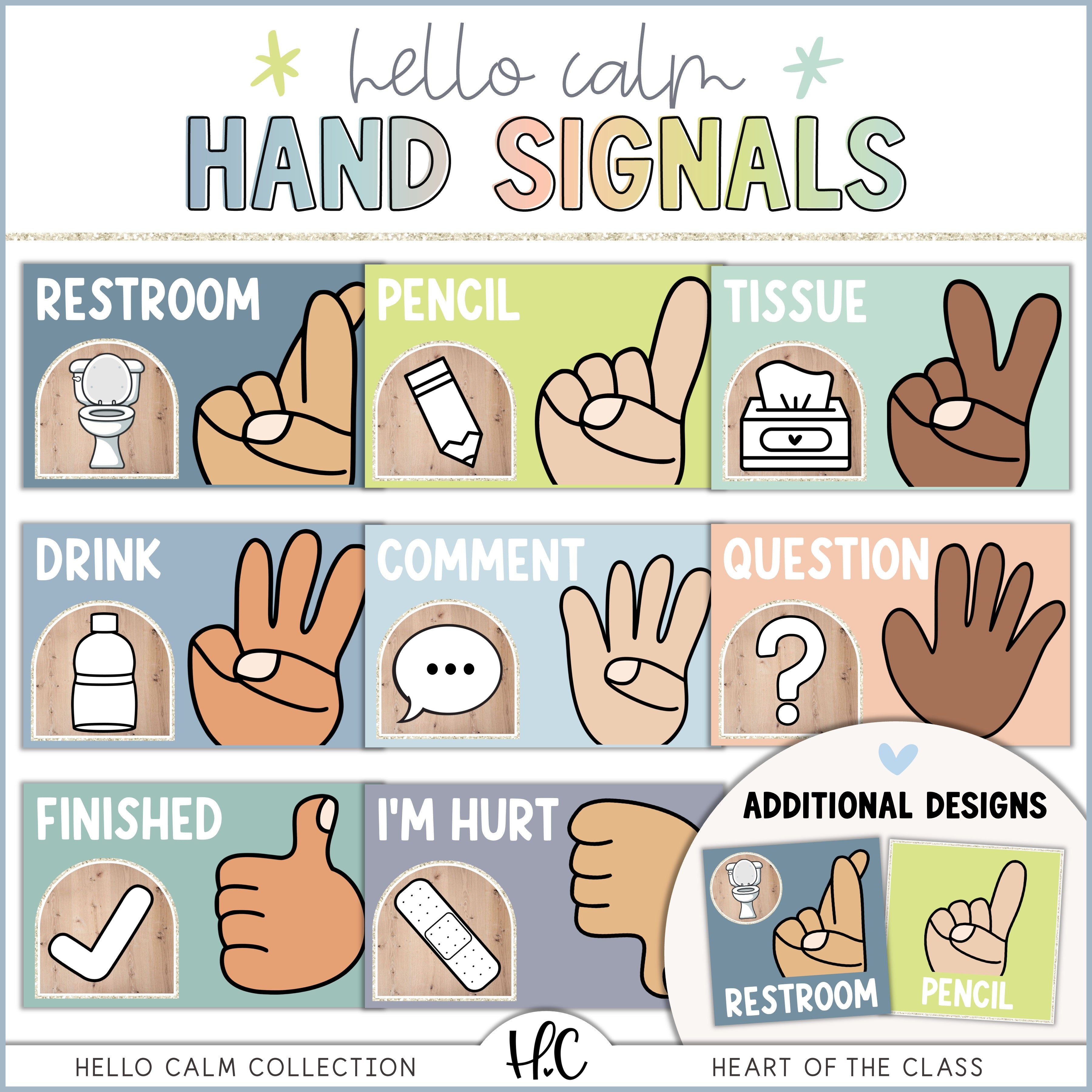 Hello Calm Classroom Hand Signal Posters w/ Visuals and Editable Text ...