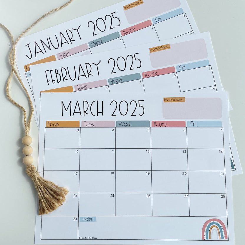 Free Teacher Calendars - Boho Rainbow – Heart of the Class