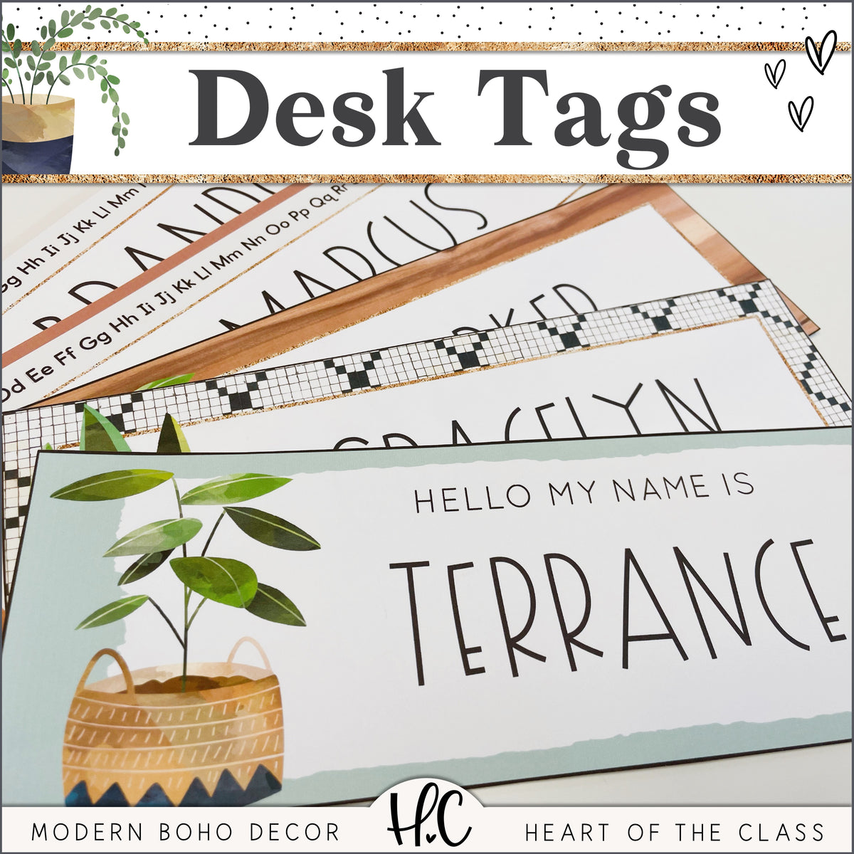 Modern Boho Desk Name Tags – Heart of the Class