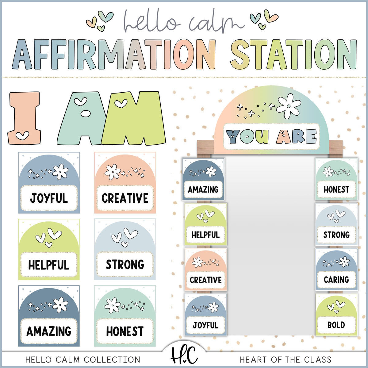 Hello Calm Pastel Classroom Affirmation Station Mirror Editable Cards ...