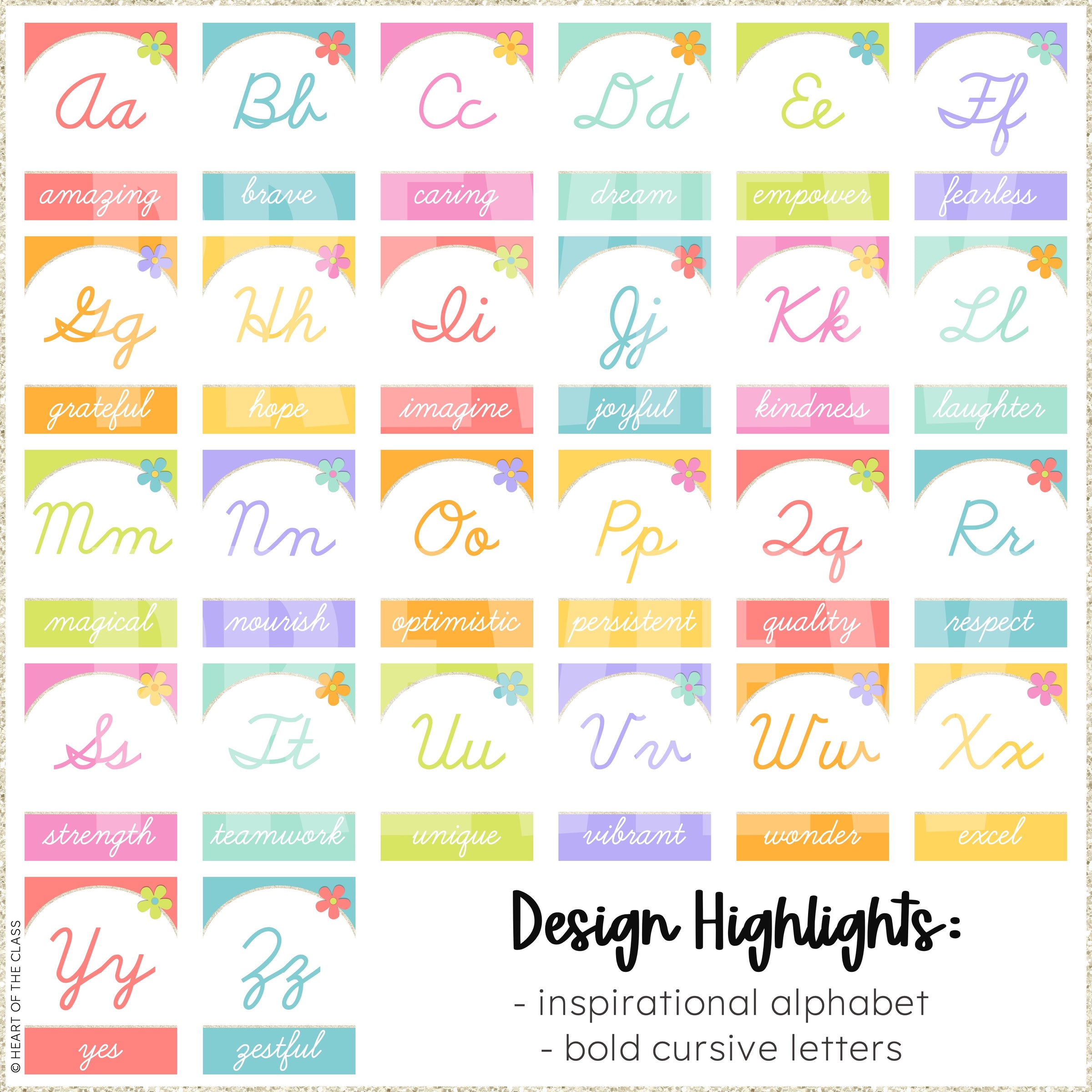Hello Brights Cursive Alphabet Posters – Heart of the Class